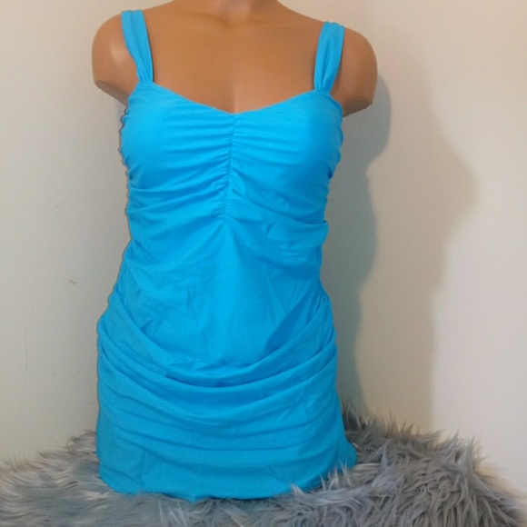 Swim Blue Solid Ruched 2pcs Tankini Skirted Swimsuit Poshmark